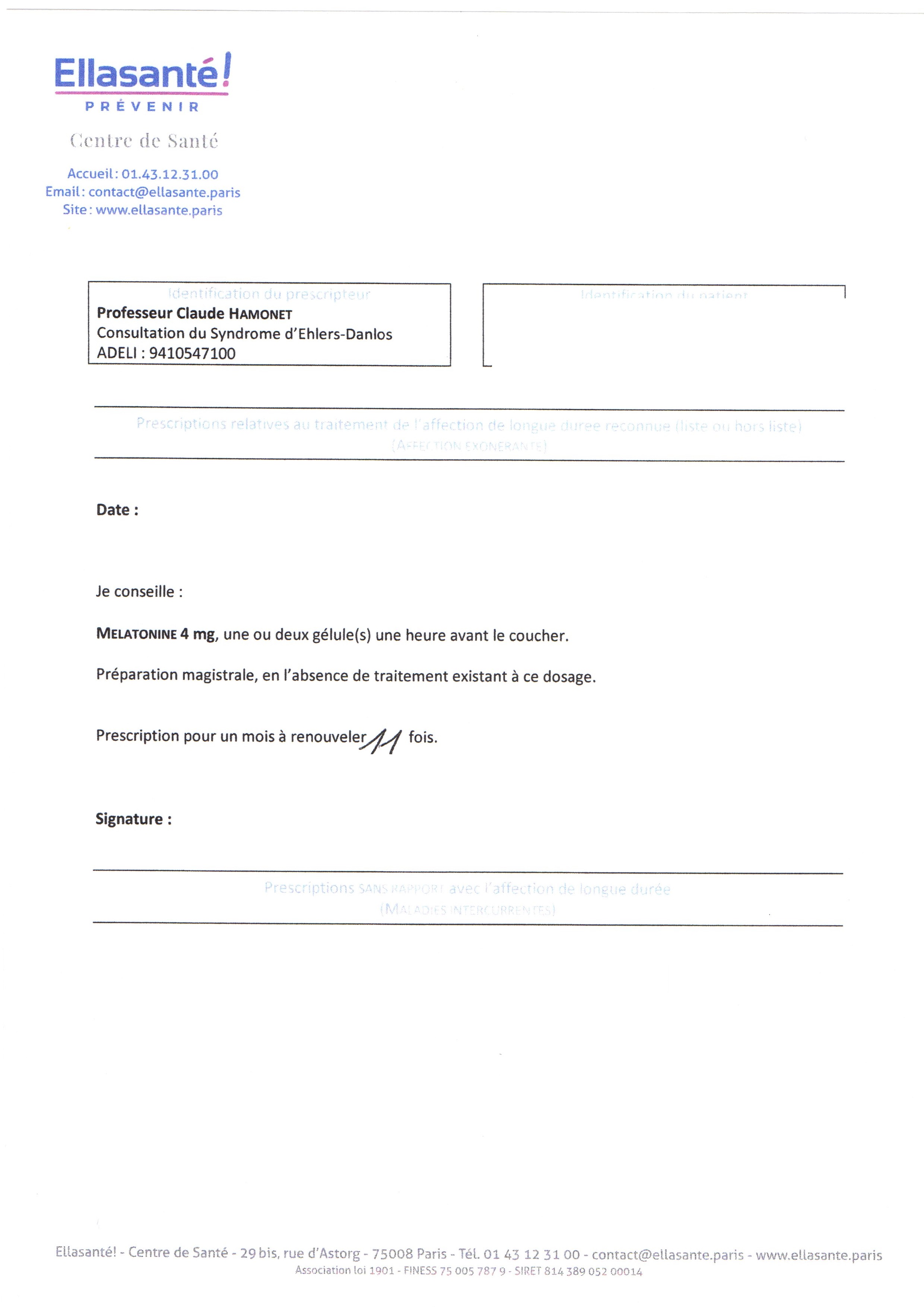 Ordonnance type mélatonine adulte - Association Sed1+
